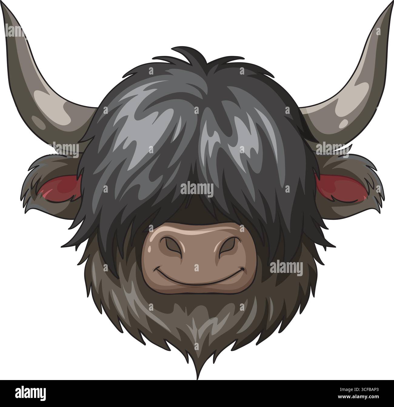 Vector illustration of a Highland cow head with shaggy hair, large ...