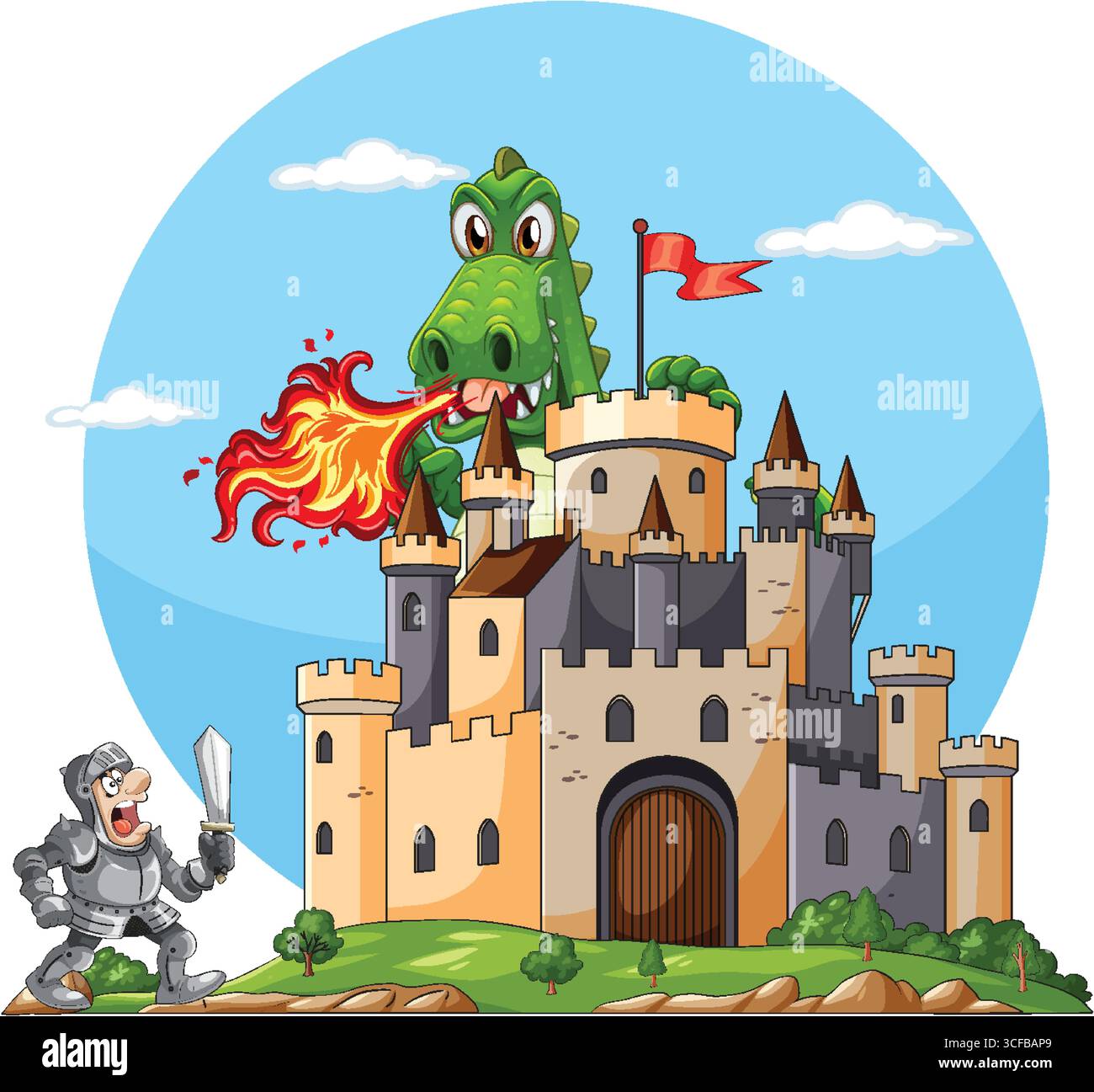 Cartoon vector illustration of armored knight confronting a green ...