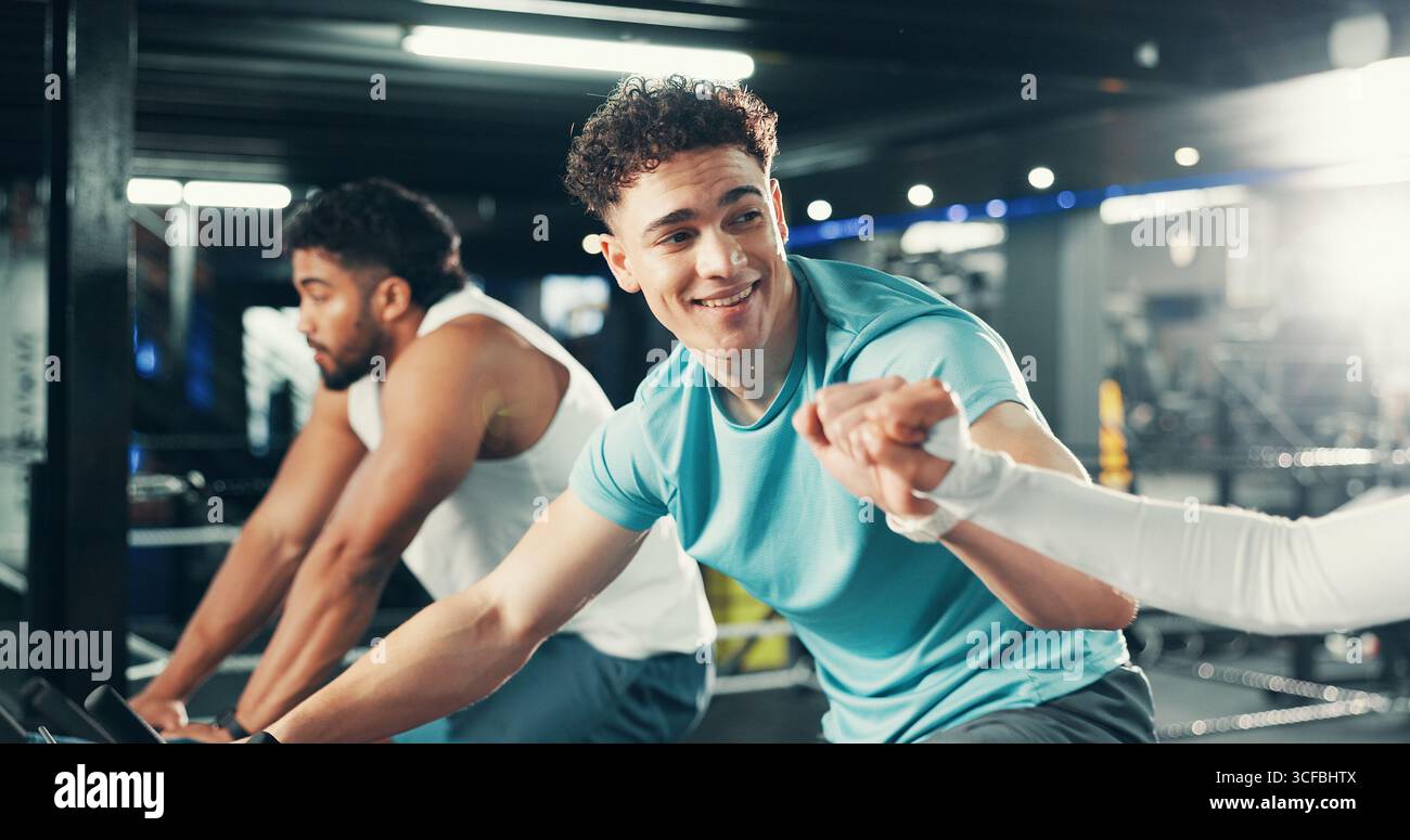 Fitness, spin class and friends fist bump on bicycle for cardio ...
