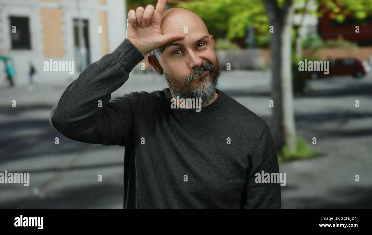 Bearded man making a loser gesture on an urban road with blurred city ...