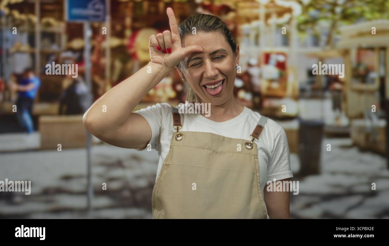 Woman makes loser gesture with hand on forehead and sticks tongue out ...