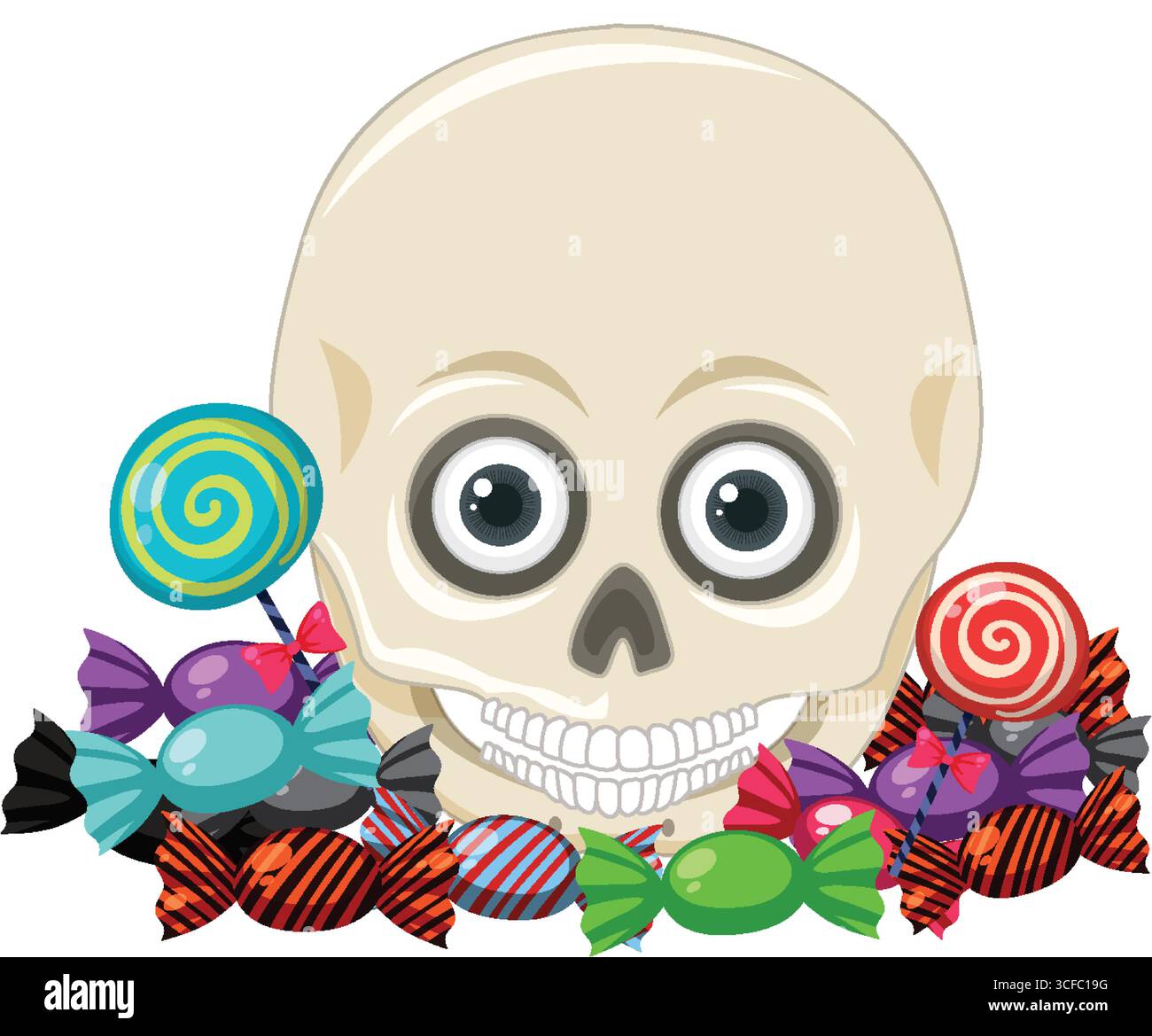 Vector illustration of a wide-eyed cartoon skull behind assorted ...