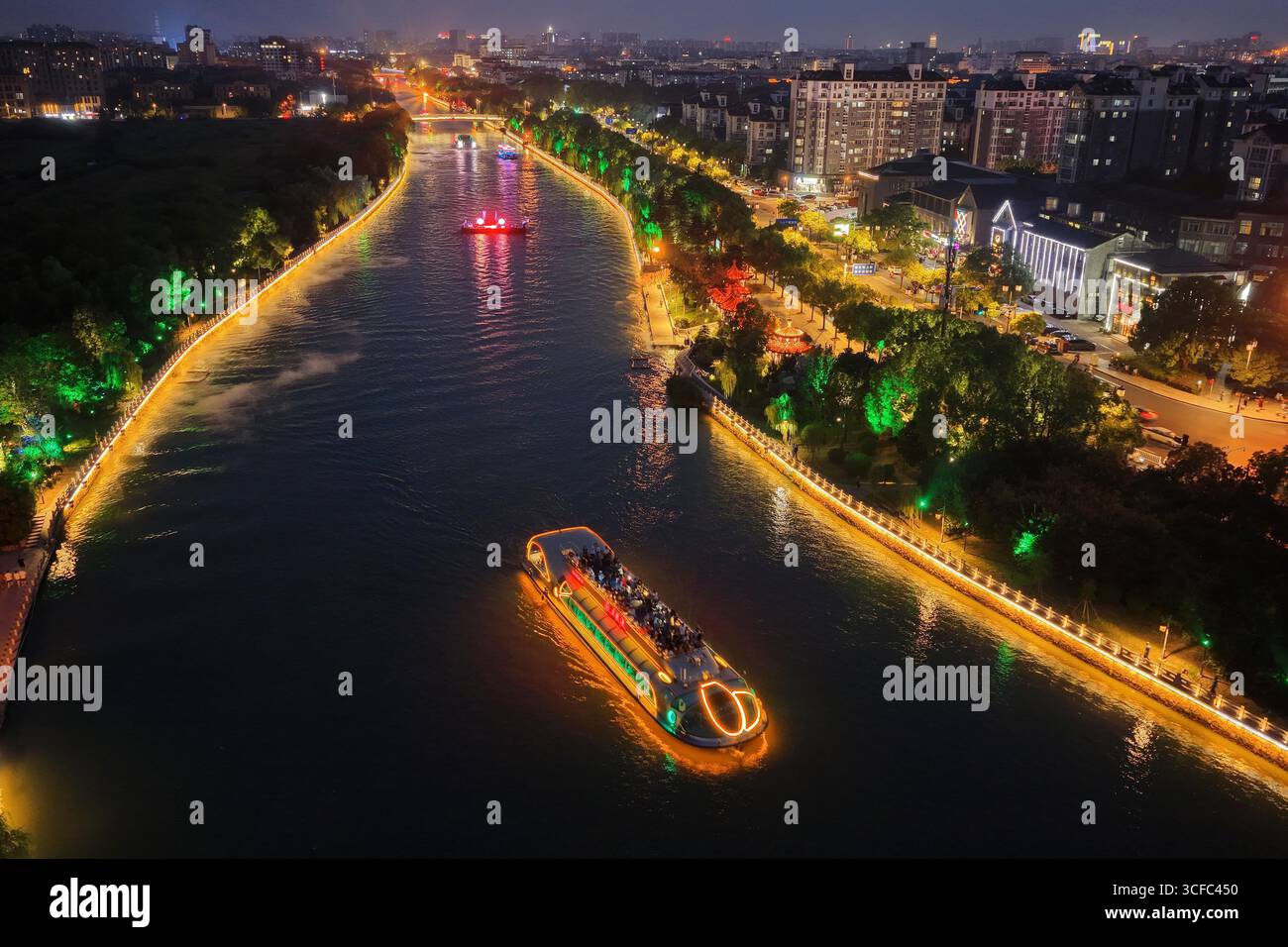 Aerial photo shows the night view of Yangzhou Ancient Canal in Yangzhou ...