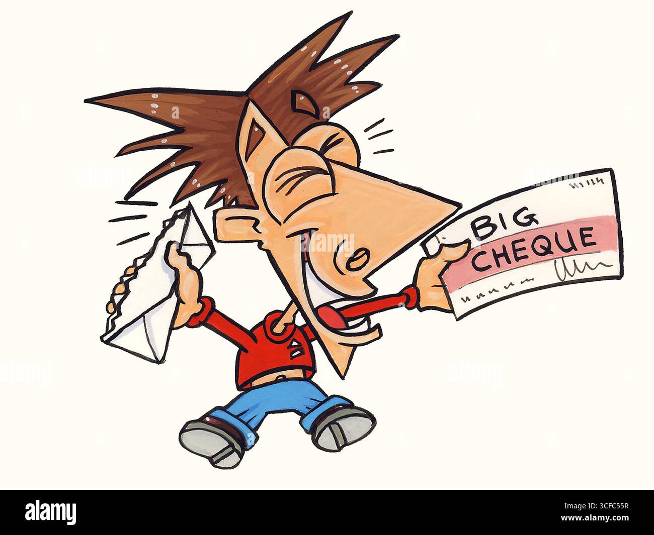 Art man holding cheque with the words 'big cheque'. Concept: big win ...