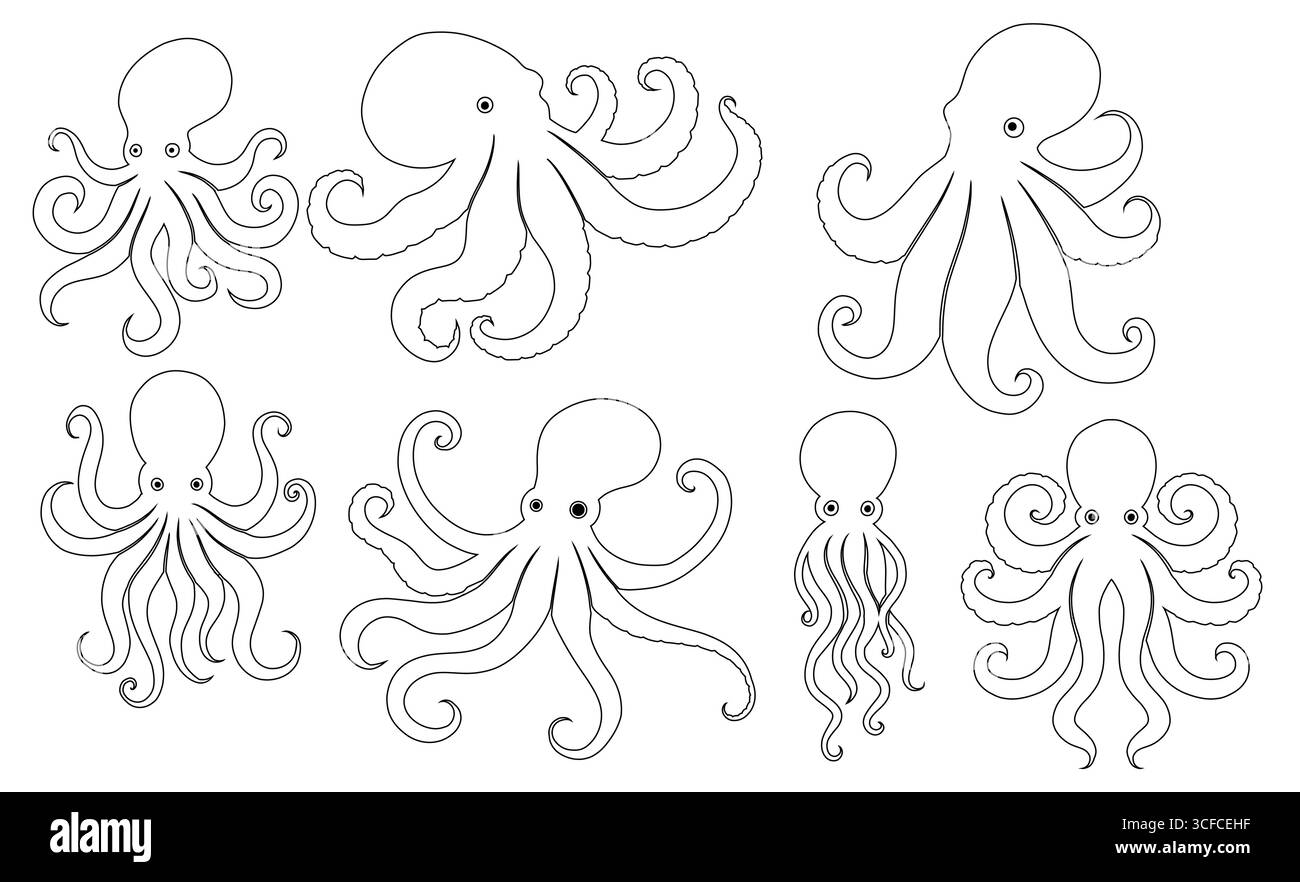 Vector set of contour octopus silhouettes isolated from background ...