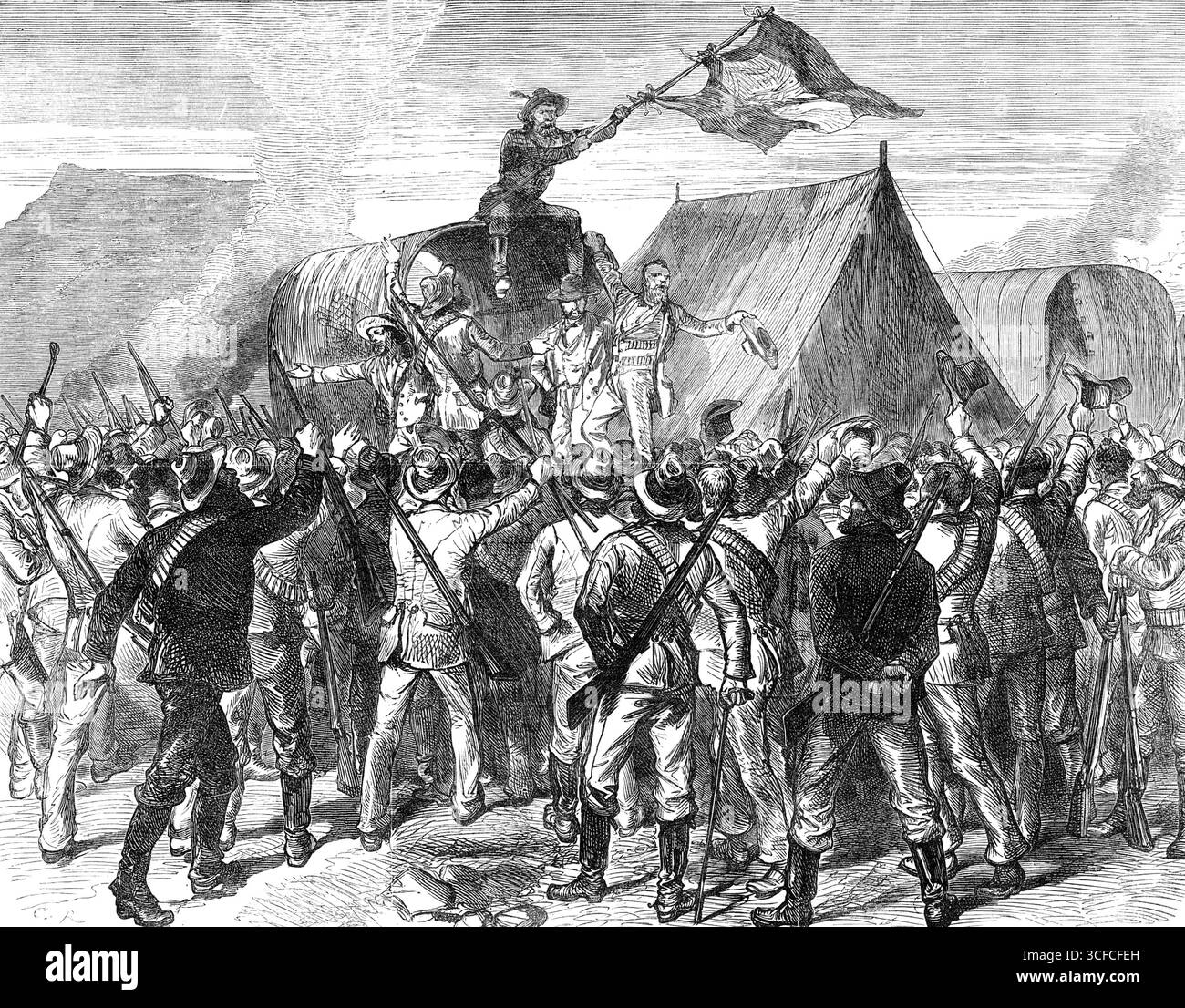 Transvaal War: hoisting the Republican flag in the Boer camp after the ...
