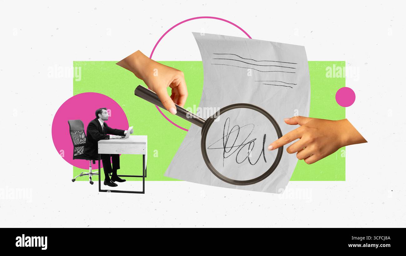 Trendy collage with businessman analyzing document signature with ...