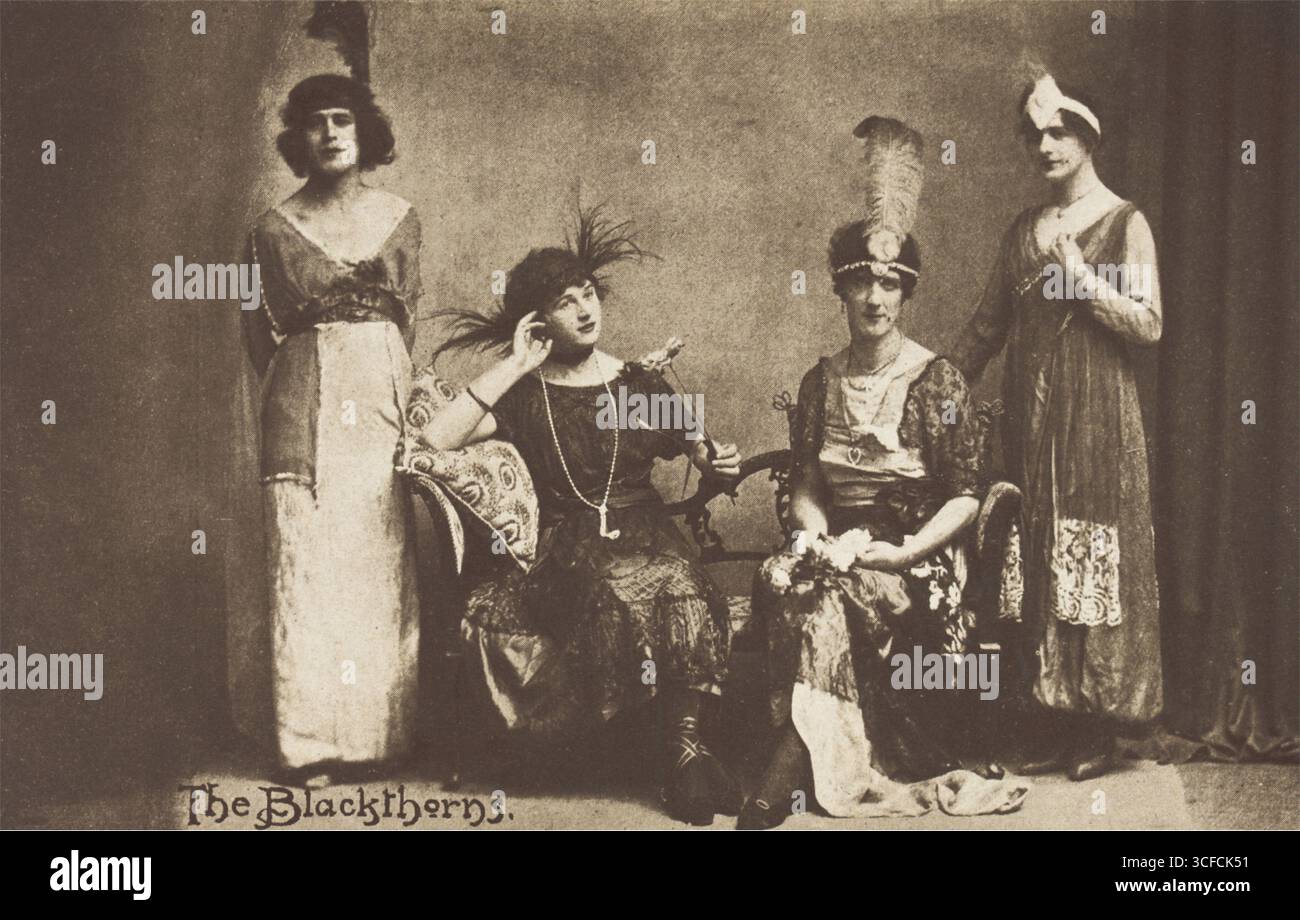 Amateur actors in drag, pose on stage as "The Blackthorns", (between ...
