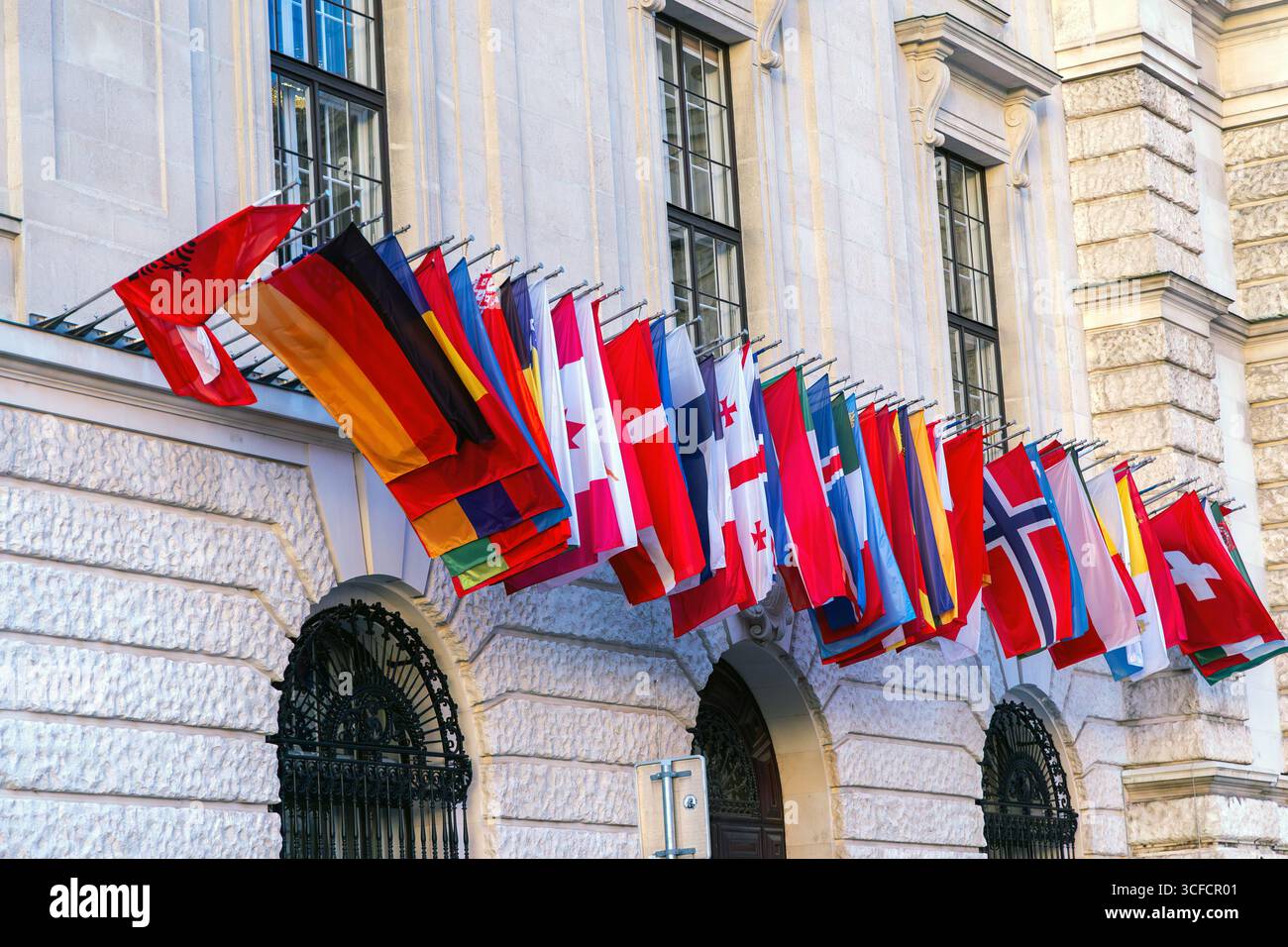 Row of European National Flags on Historic Building. Multiple European ...