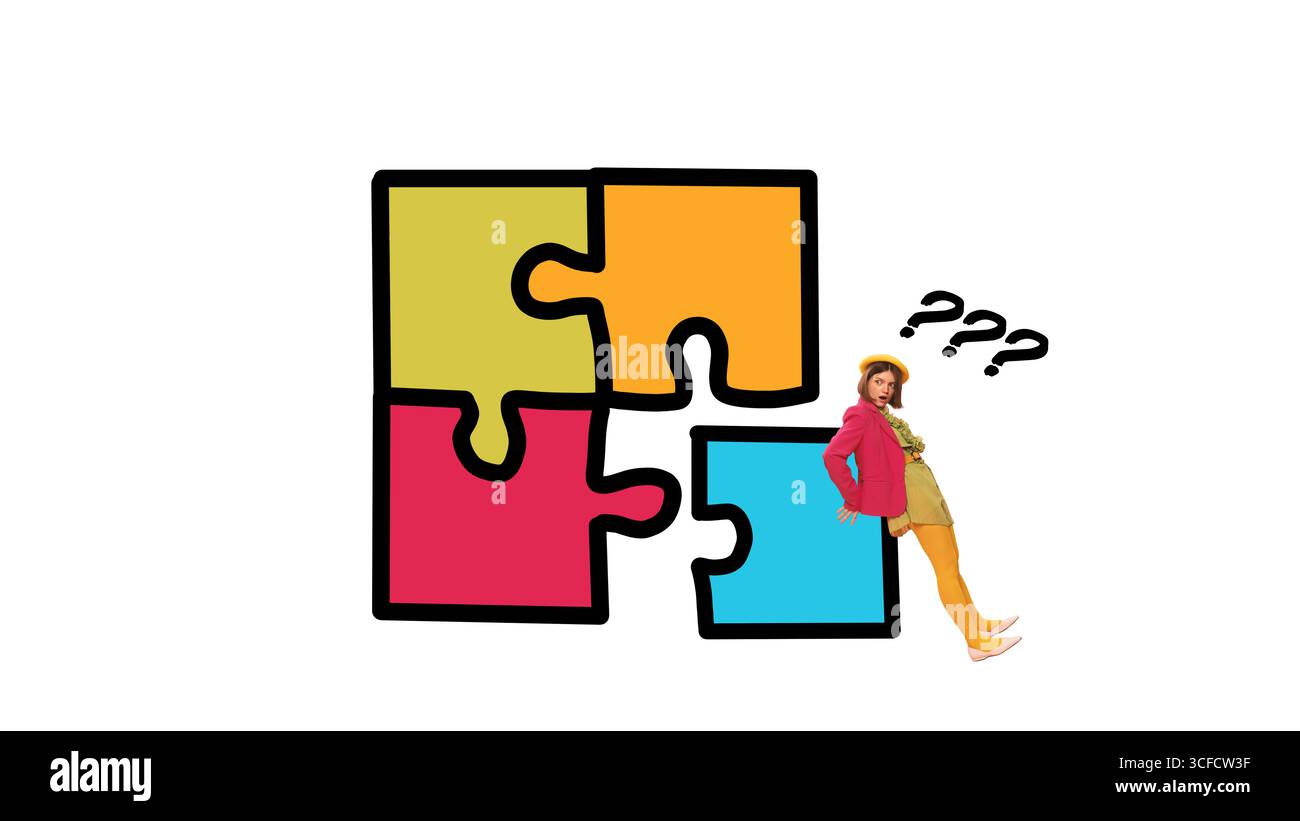Creative collage of confused woman near missing puzzle piece in ...