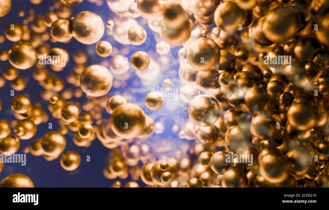 Swirling clusters of golden metallic spheres float against a blue ...