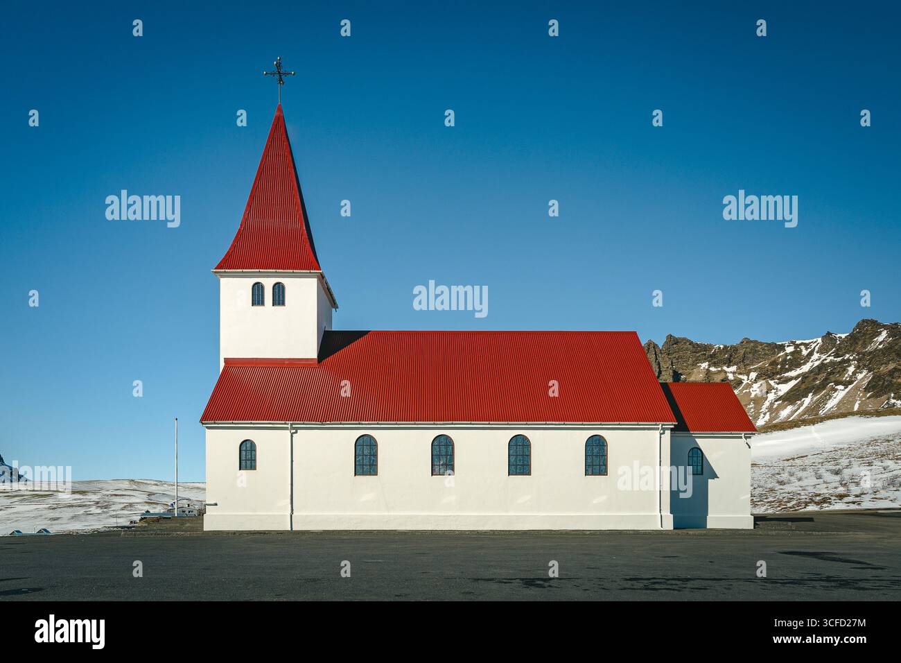 Church in Vik, Iceland (Vík i Myrdal Church, vikurkirkja), side view ...