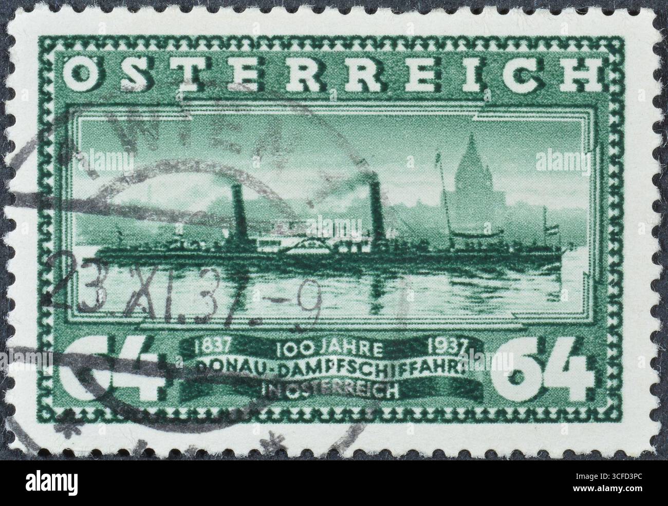 Cancelled postage stamp printed by Austria, that shows Paddle steamer ...