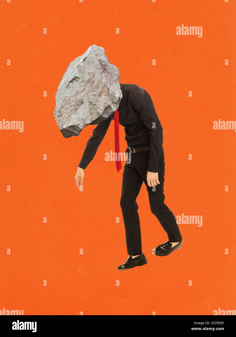 Bold colorful poster of man with rock head dragging his feet Stock ...