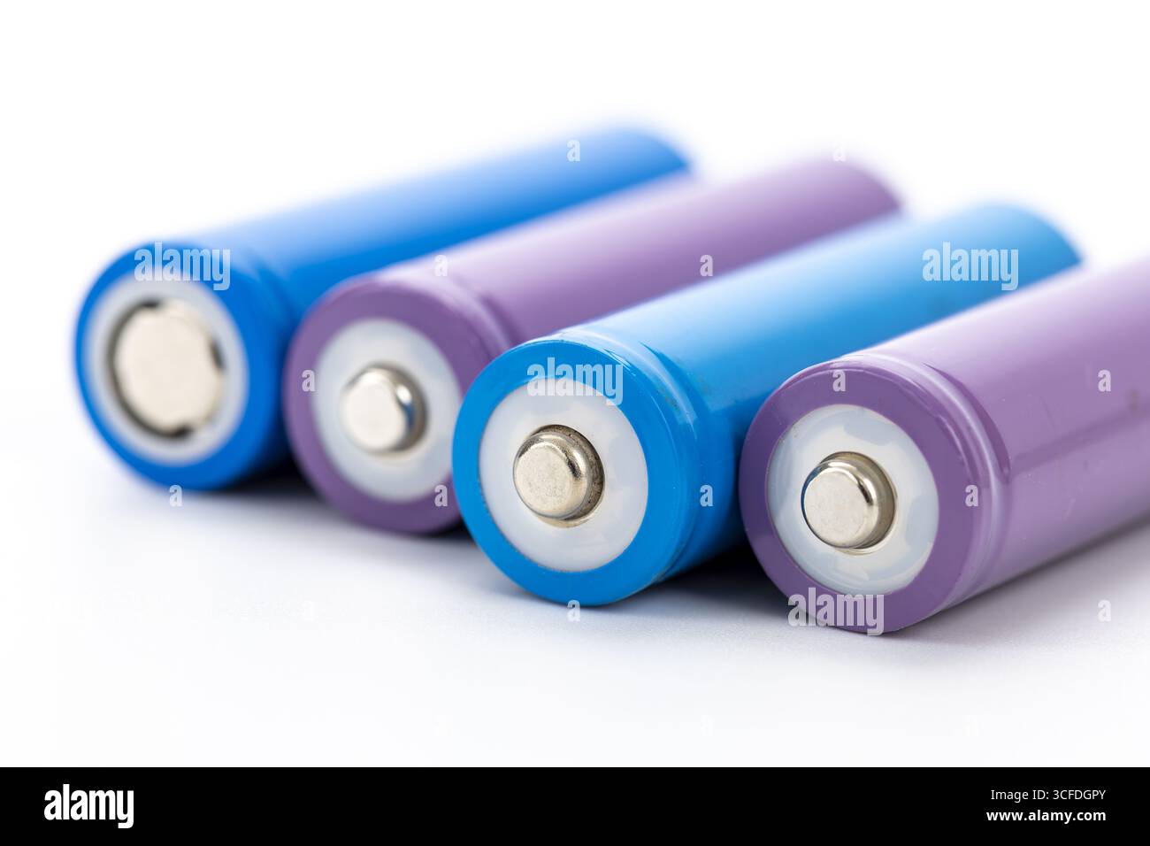 A colorful rechargeable batteries with blue and purple casing arranged ...
