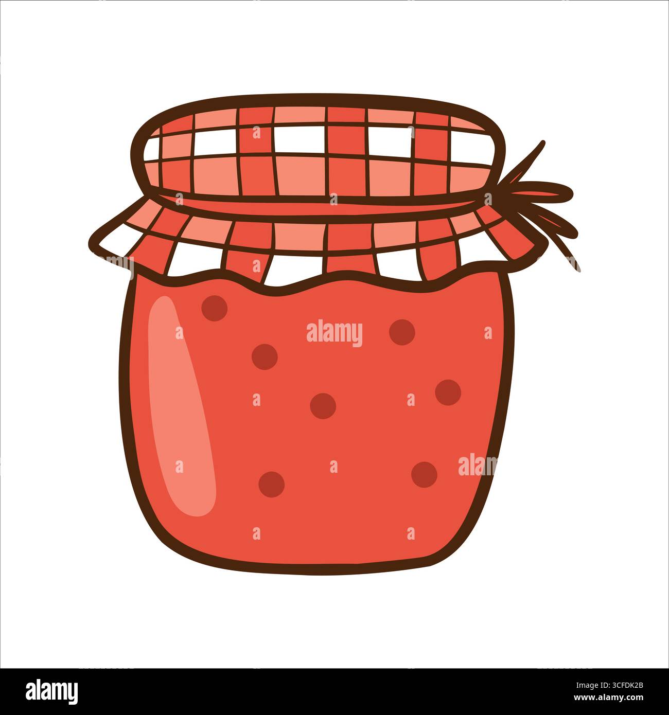 A jar of red jam with a checkered lid. The jar is round and has small ...