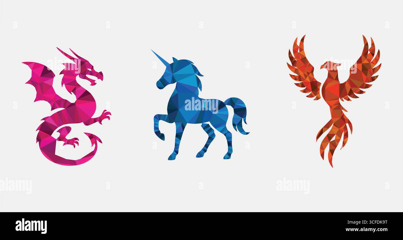 Colorful magical beasts include a pink dragon a blue unicorn and a ...
