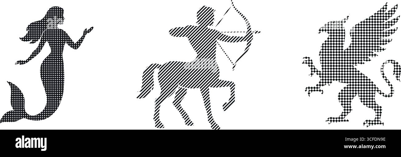 Black silhouettes show a graceful mermaid a centaur drawing a bow and a ...
