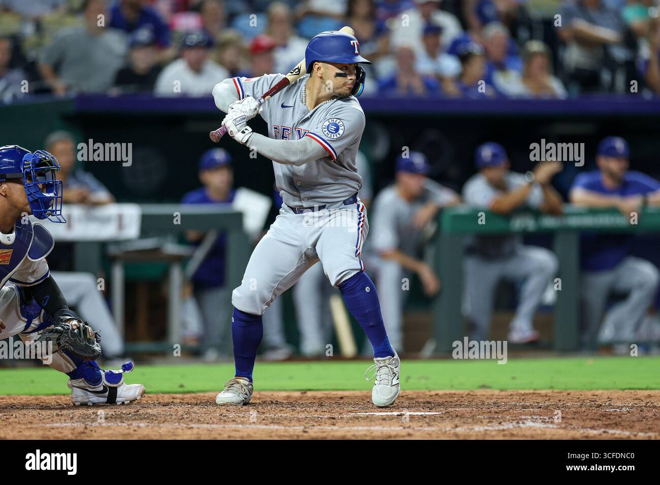 August 20, 2025: Texas Rangers right fielder Cody Freeman (39) bats ...