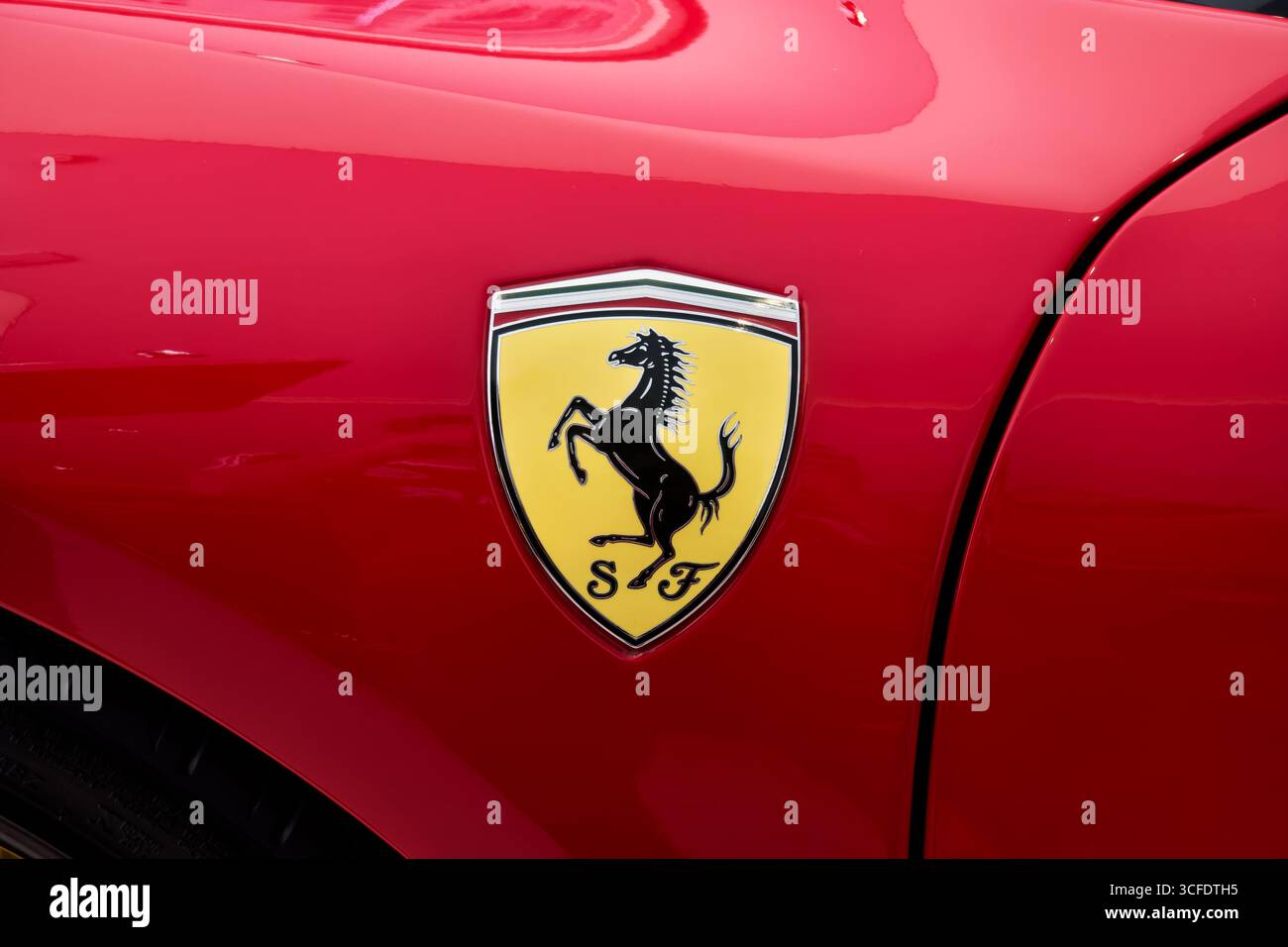 February 1, 2025, Qatar Doha. Close-up of the Ferrari logo on a red car ...