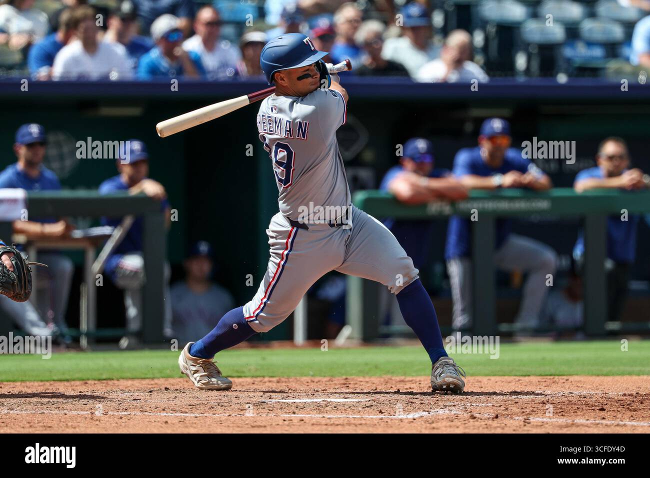 August 21, 2025: Texas Rangers third baseman Cody Freeman (39) bats ...