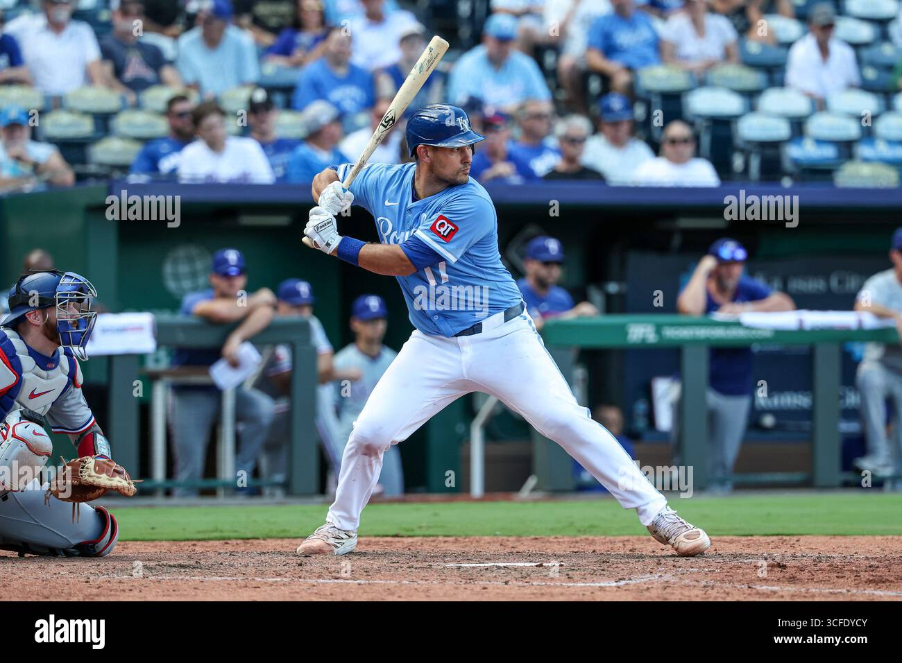 August 21, 2025: Kansas City Royals catcher Luke Maile (17) bats during ...