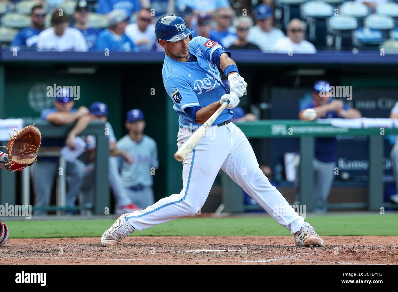 August 21, 2025: Kansas City Royals catcher Luke Maile (17) bats during ...