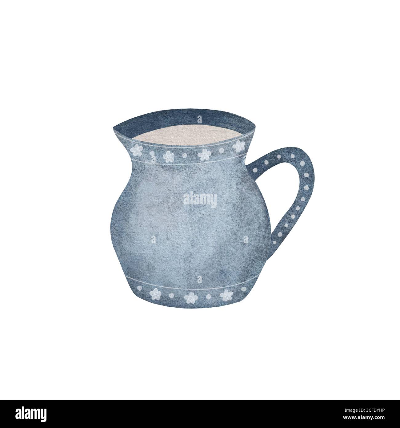 A watercolor illustration of a dusty blue ceramic creamer pitcher ...