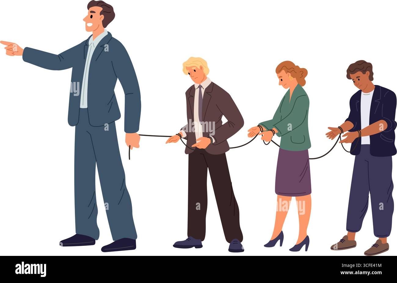 Boss leads his workers on rope like slaves. Office dictator domination ...