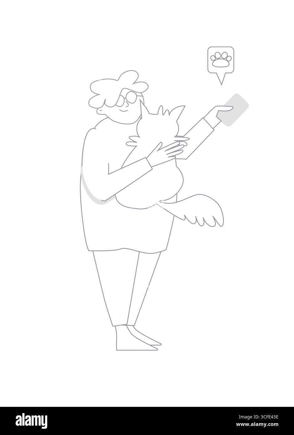 Happy old lady with a dog in her arms and phone. Line art. Vector ...