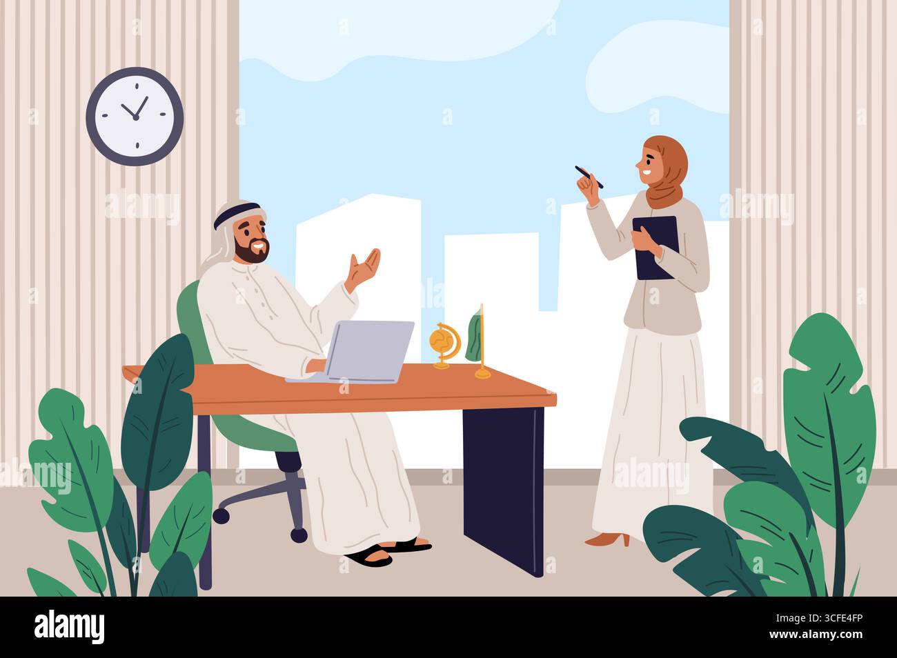 Arab businessman and woman in traditional Islamic dress work in office ...