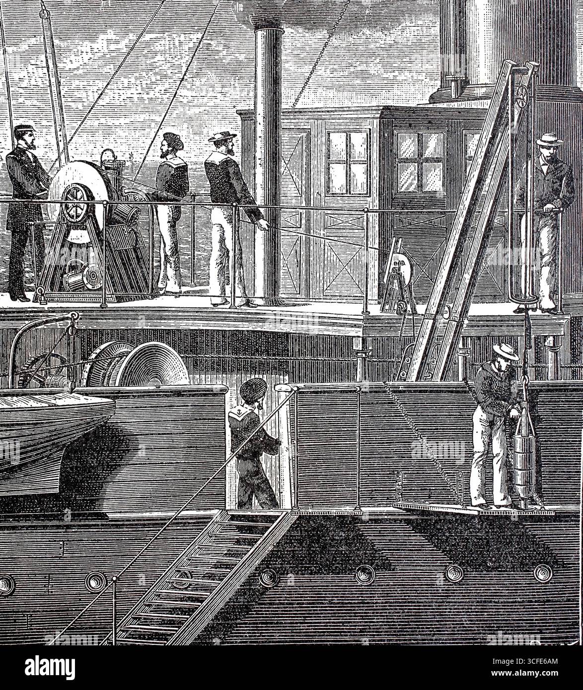 Scene on a ship, sailors ready to sound, sound, measure sea depth, 1880 ...