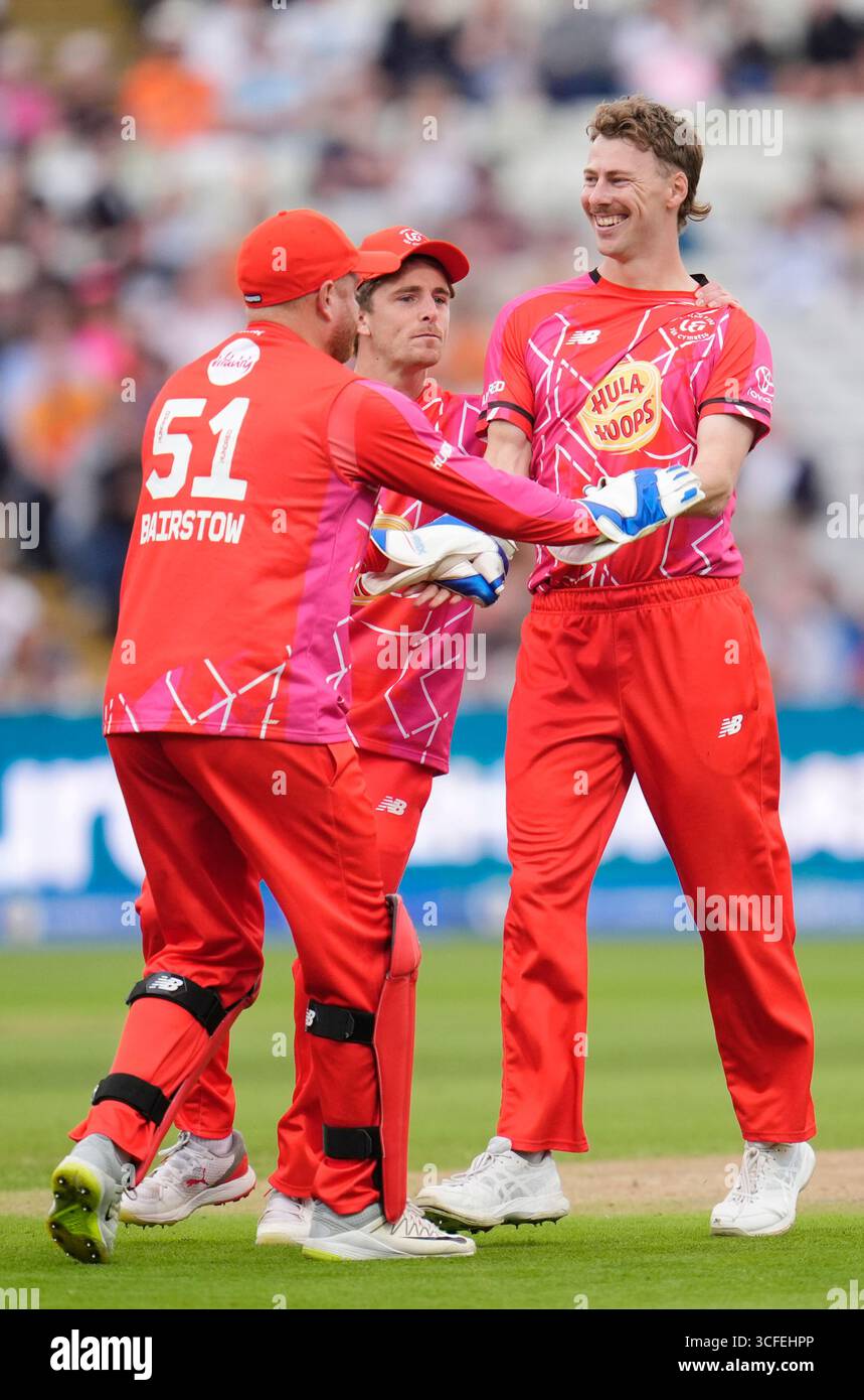 Welsh Fire's Riley Meredith (right) celebrates with teammate Jonny ...