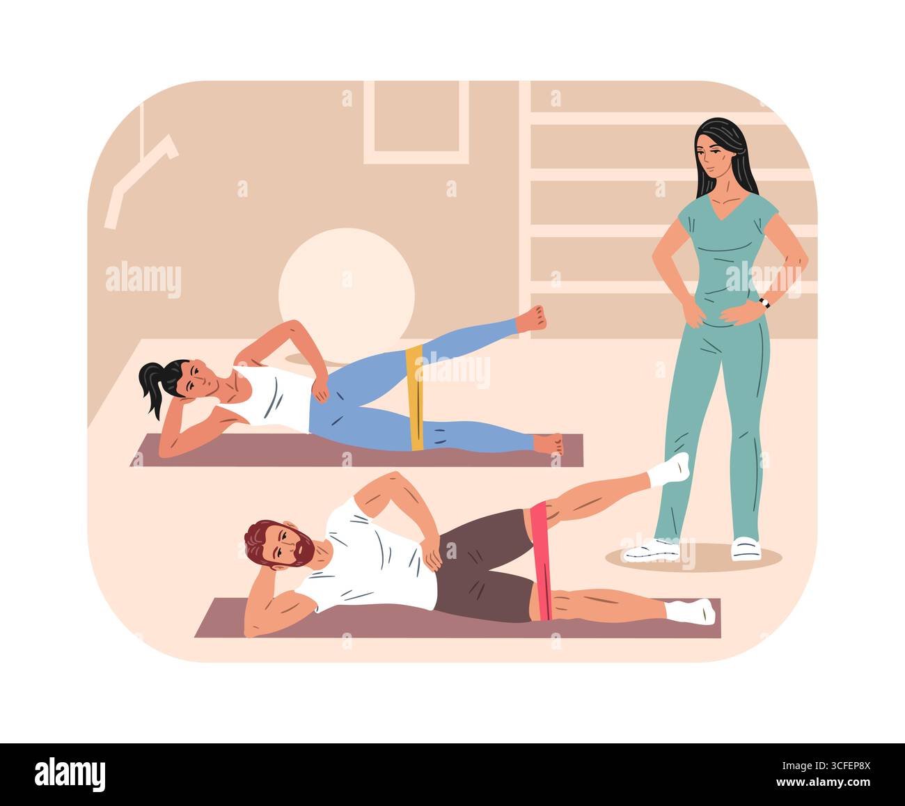 Man and woman perform side lying leg exercise with resistance band ...