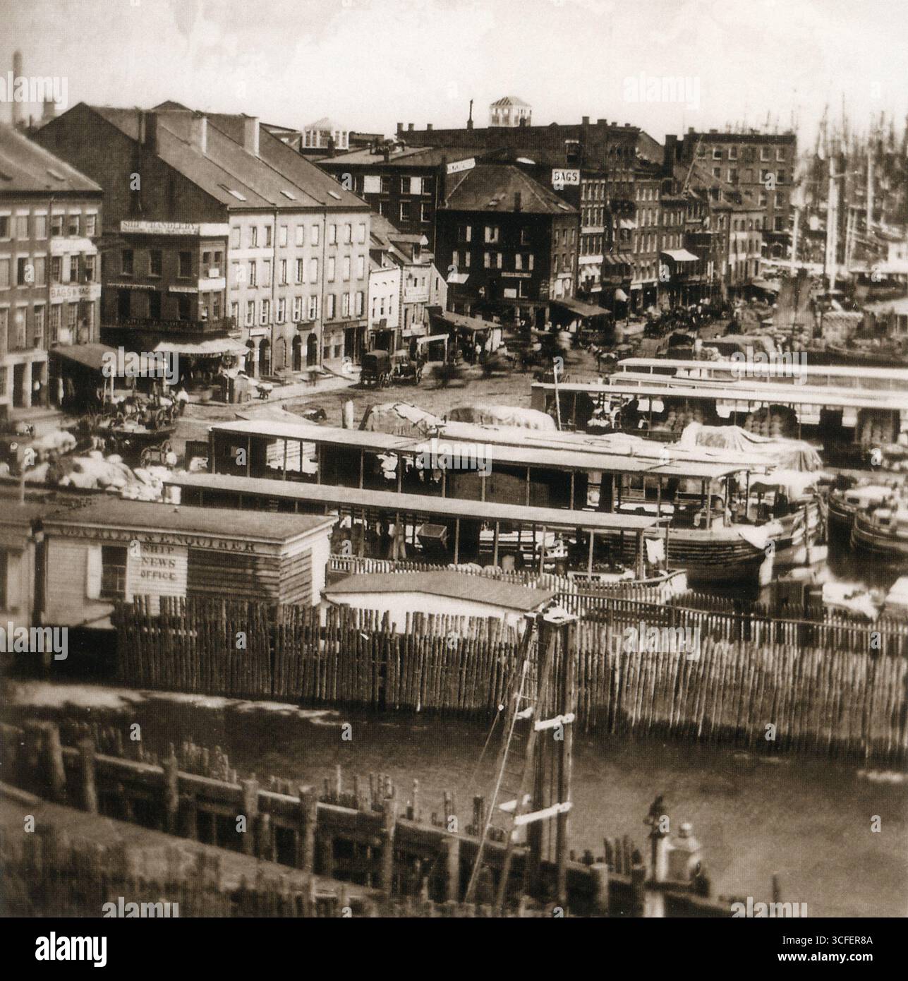 View on the quay in the port of New York City, USA, 1859. Vintage 1850s ...