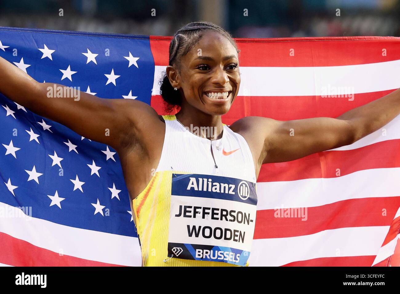 Melissa Jefferson-Wooden, of the United States, poses after winning the ...