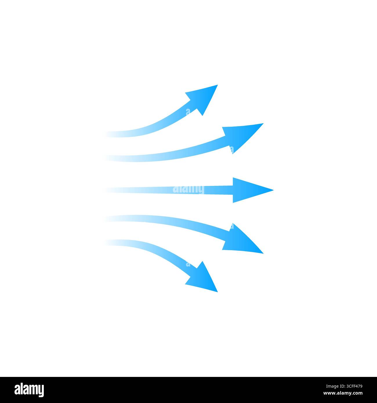 Three blue arrows indicating air flow in a curved and parallel ...