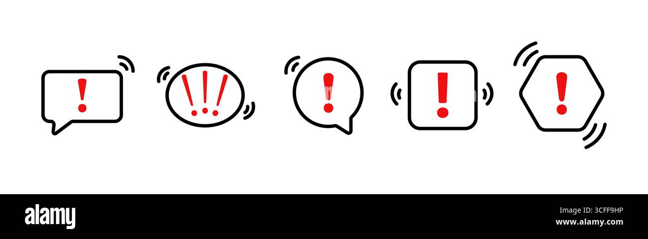 Exclamation mark icons for alerts in speech bubbles and rings with ...