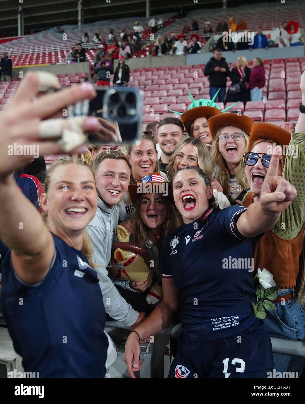 USA's Lotte Sharp (left) and USA's Ilona Maher (centre) pose for a ...