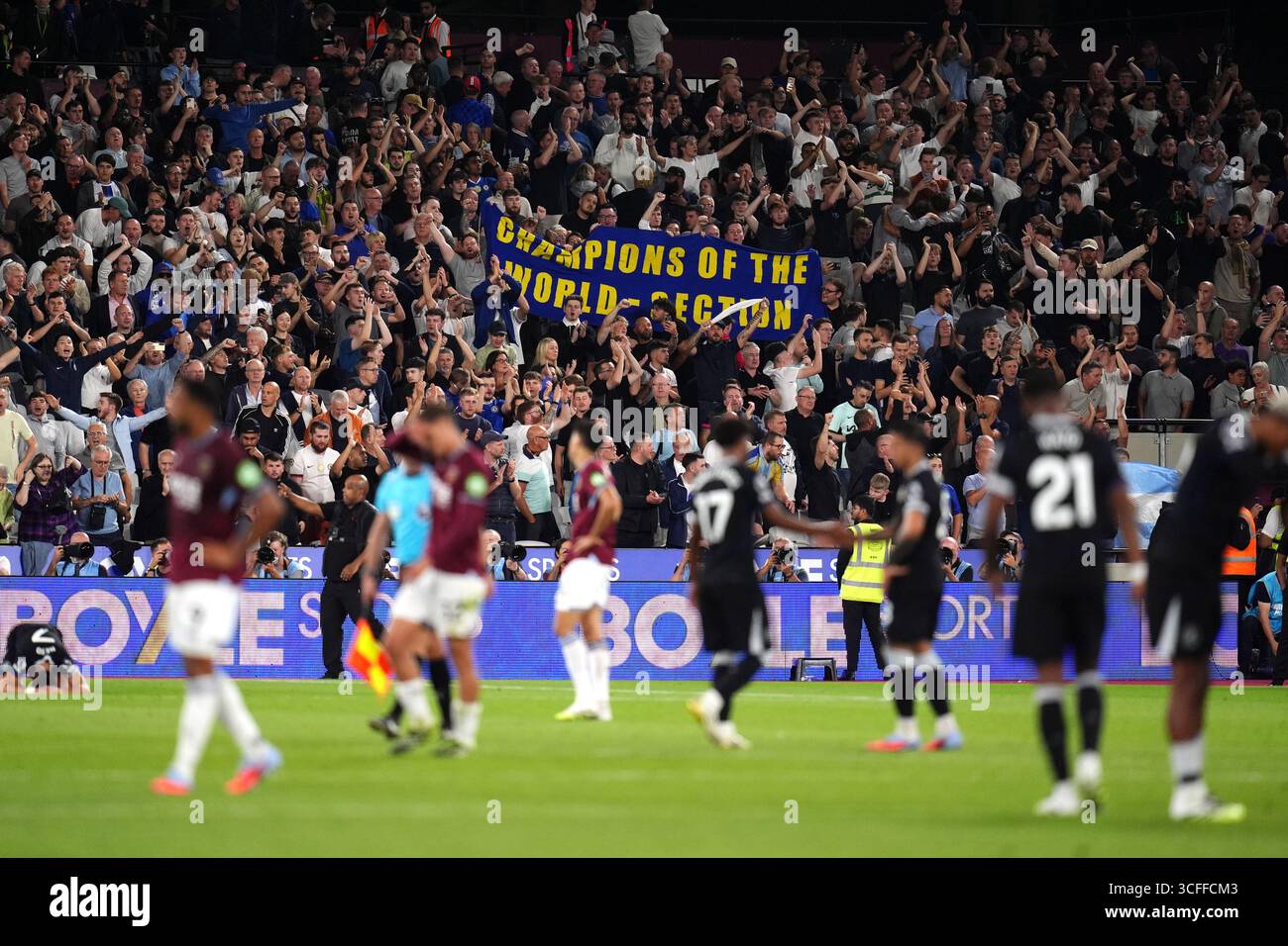 Chelsea fans in the stands celebrate following the Premier League match ...