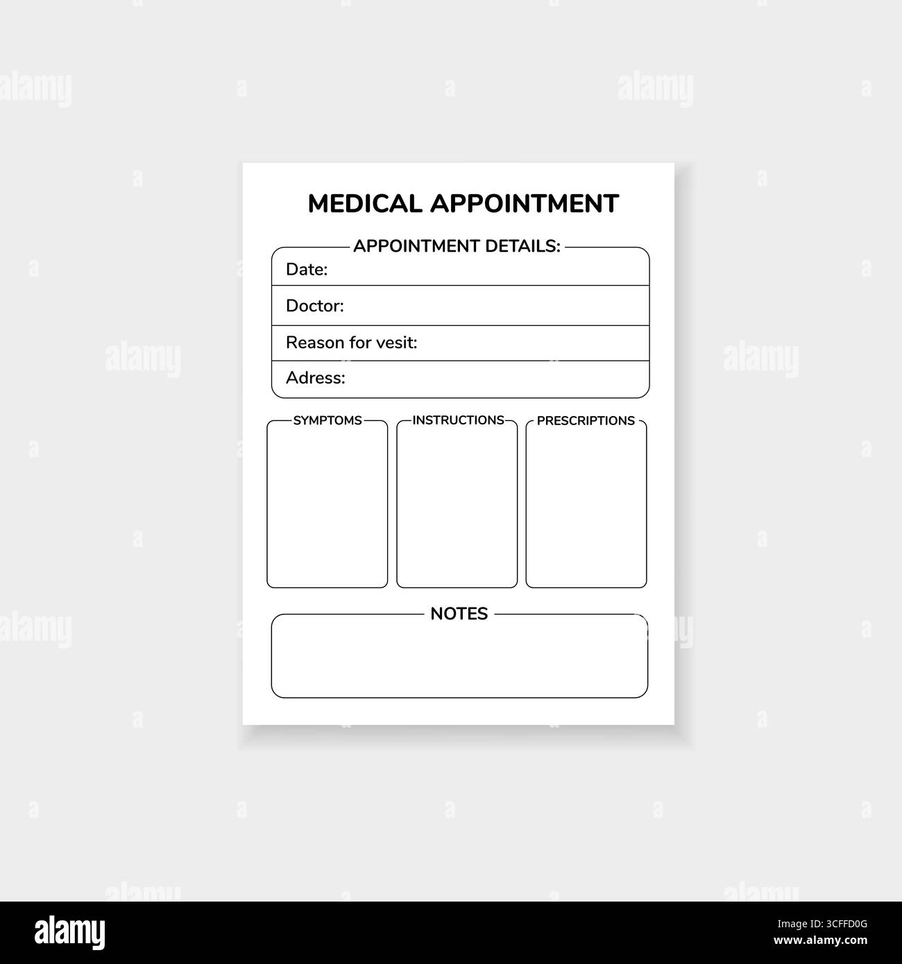 Medical appointment form with sections for symptoms and notes Stock ...