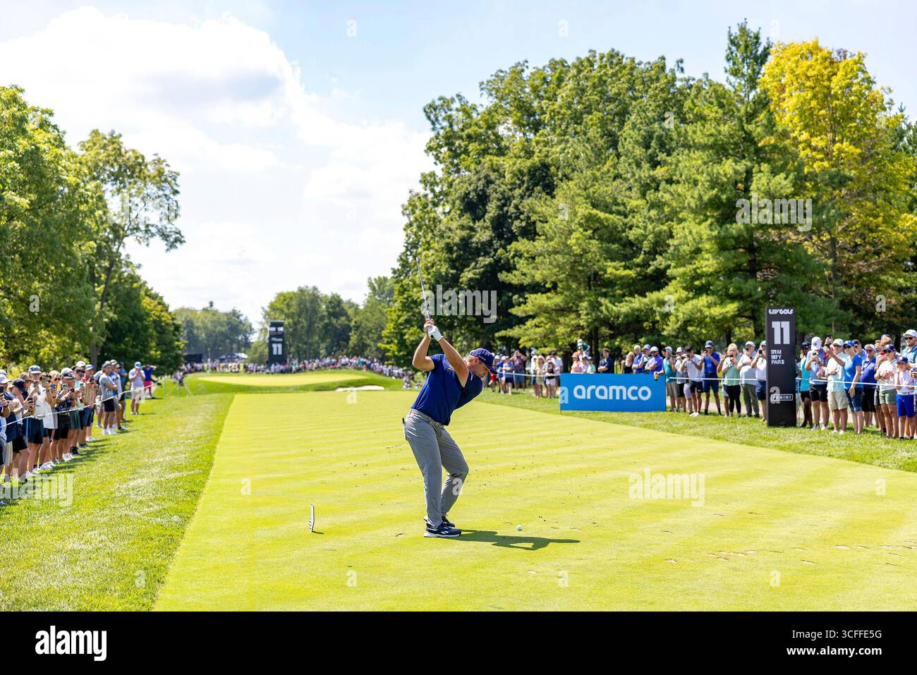 Captain Bryson DeChambeau, of Crushers GC, hits from the 11th tee ...