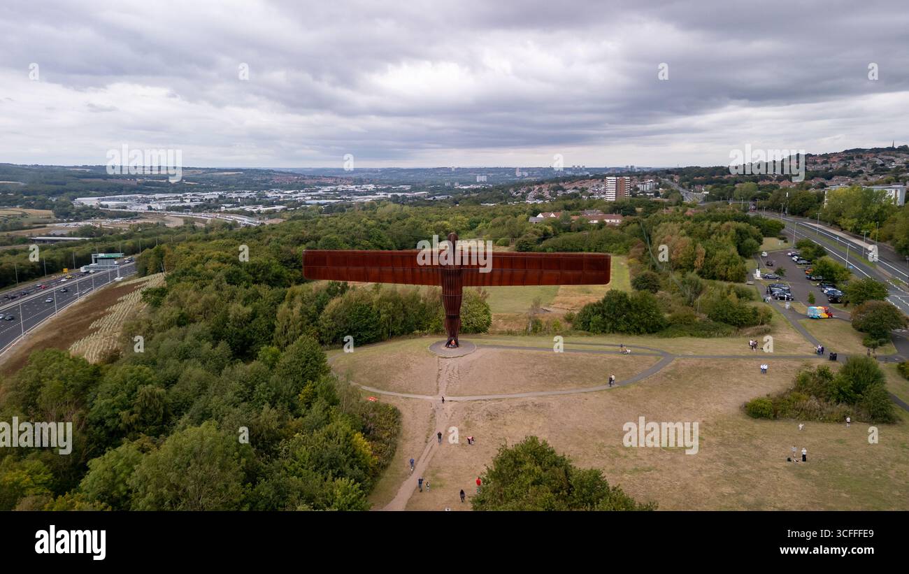 Aerial drone view of the Angel of the North sculpture by Antony Gormley ...