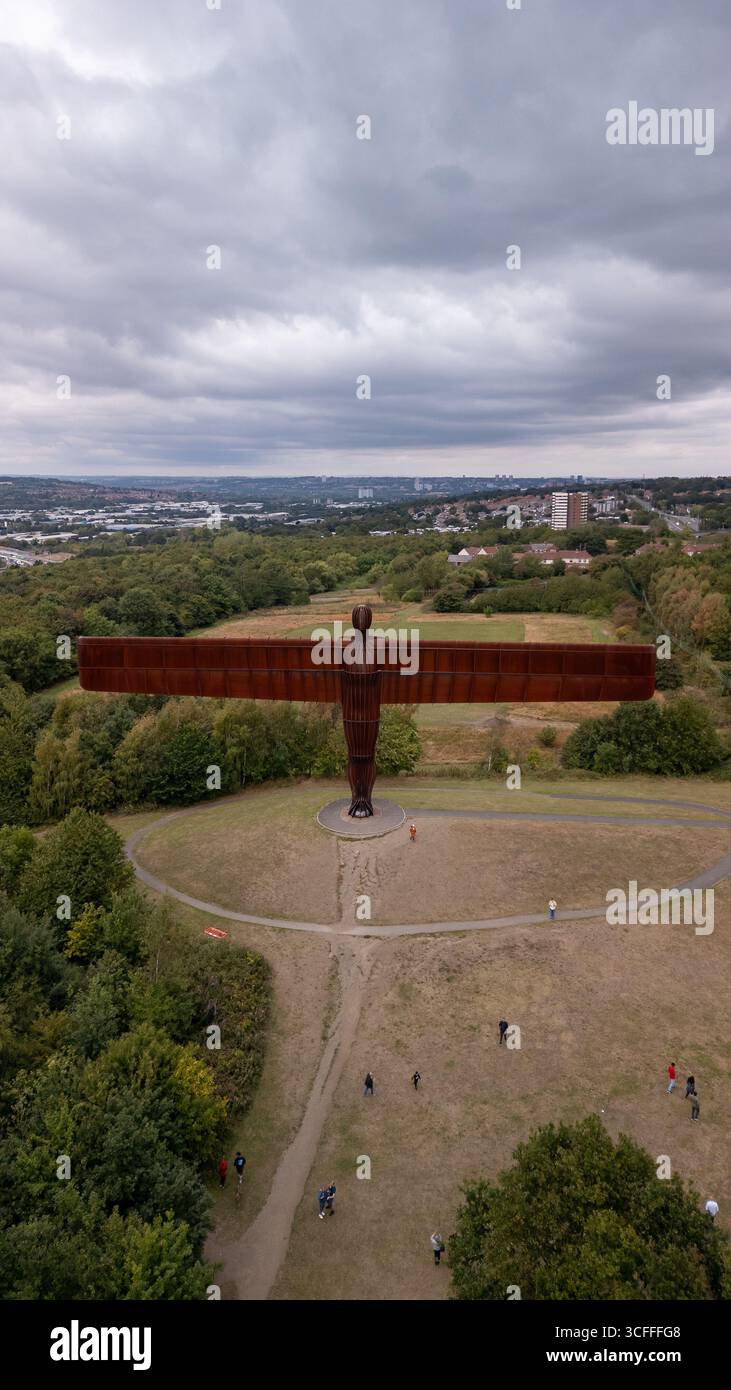 Aerial drone view of the Angel of the North sculpture by Antony Gormley ...