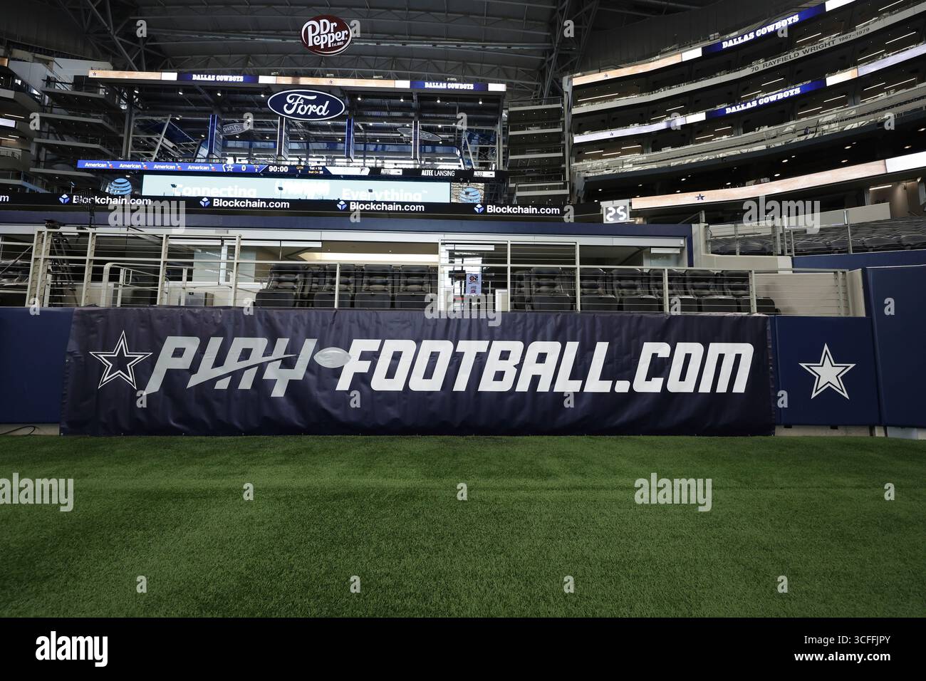 The NFL's "Plat Football" seen on a banner hanging at AT&T Stadium ...