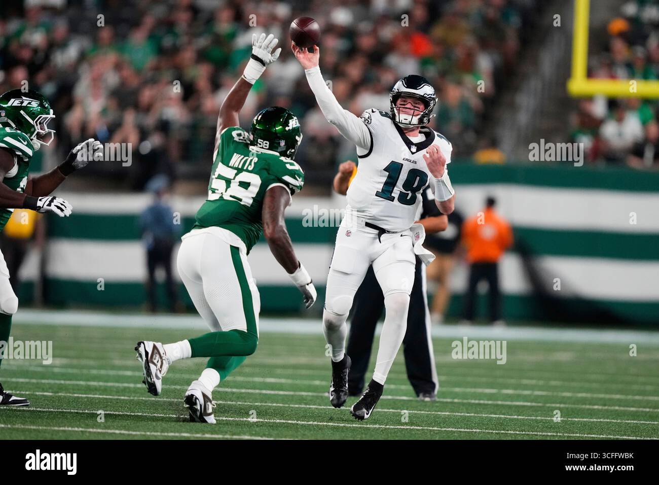 Philadelphia Eagles quarterback Kyle McCord (19) passes under pressure ...