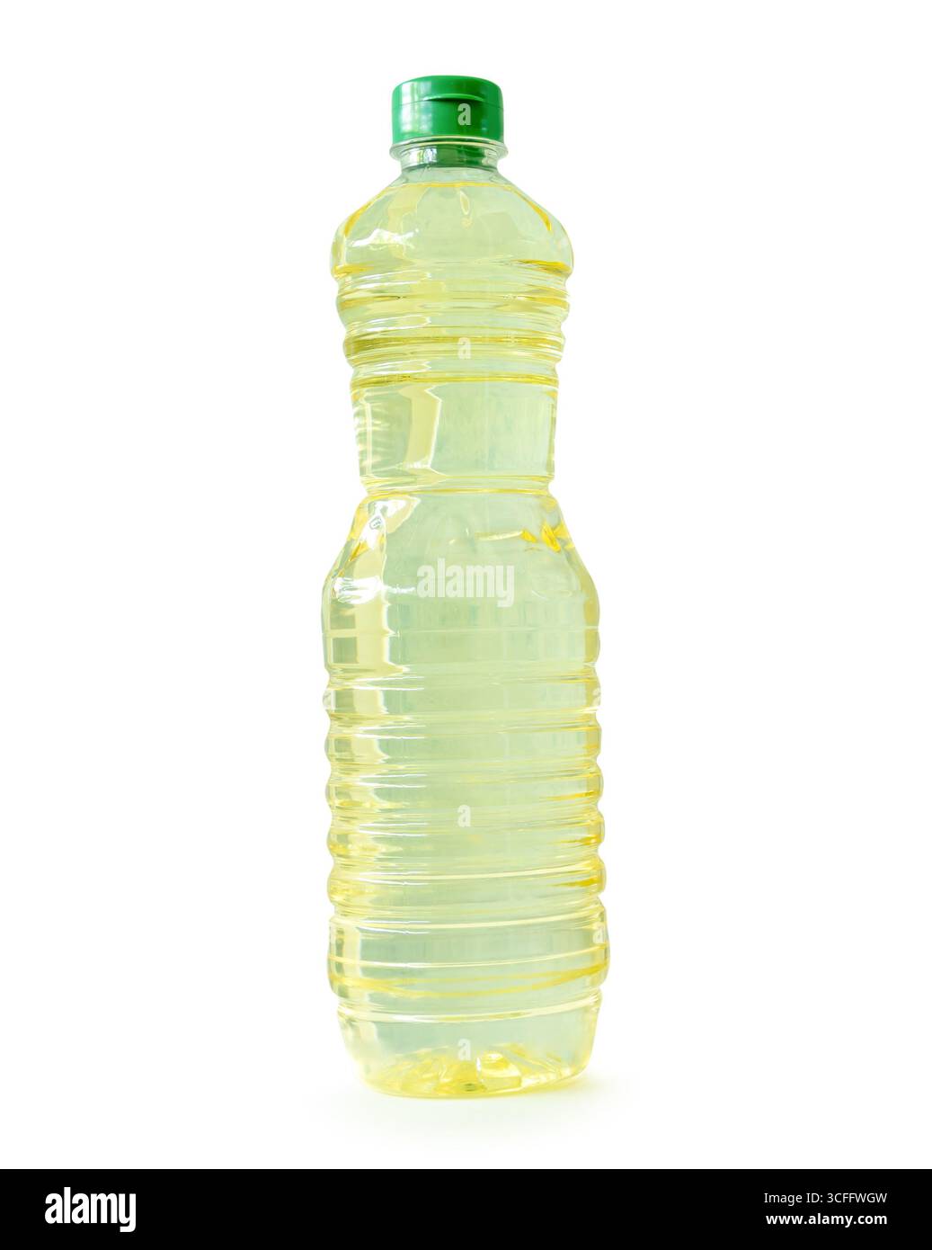 Vegetable oil or soybean oil in transparent plastic bottle is isolated ...