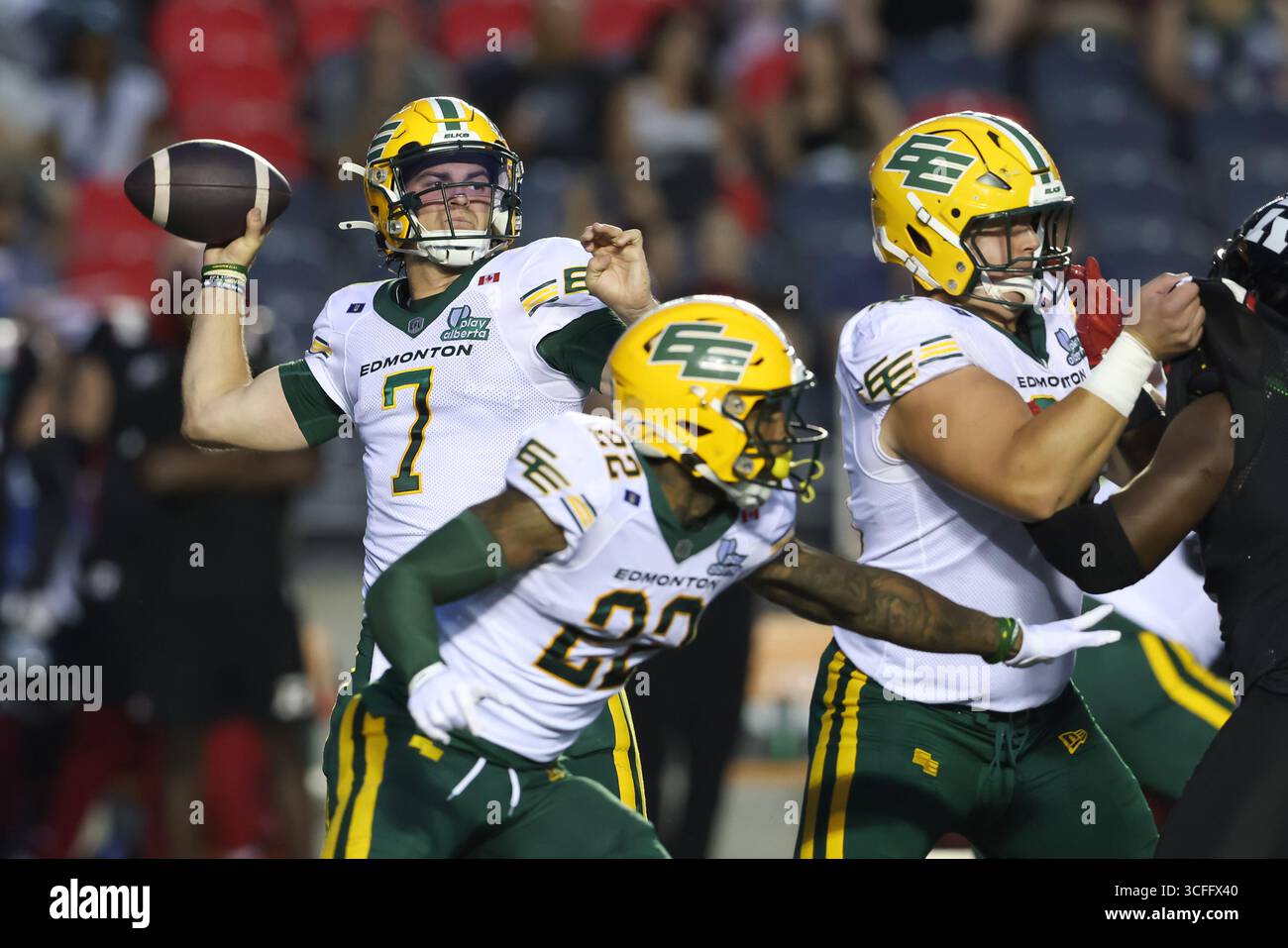 August 22, 2025: Edmonton Elks quarterback Cody Fajardo (7) throws the ...