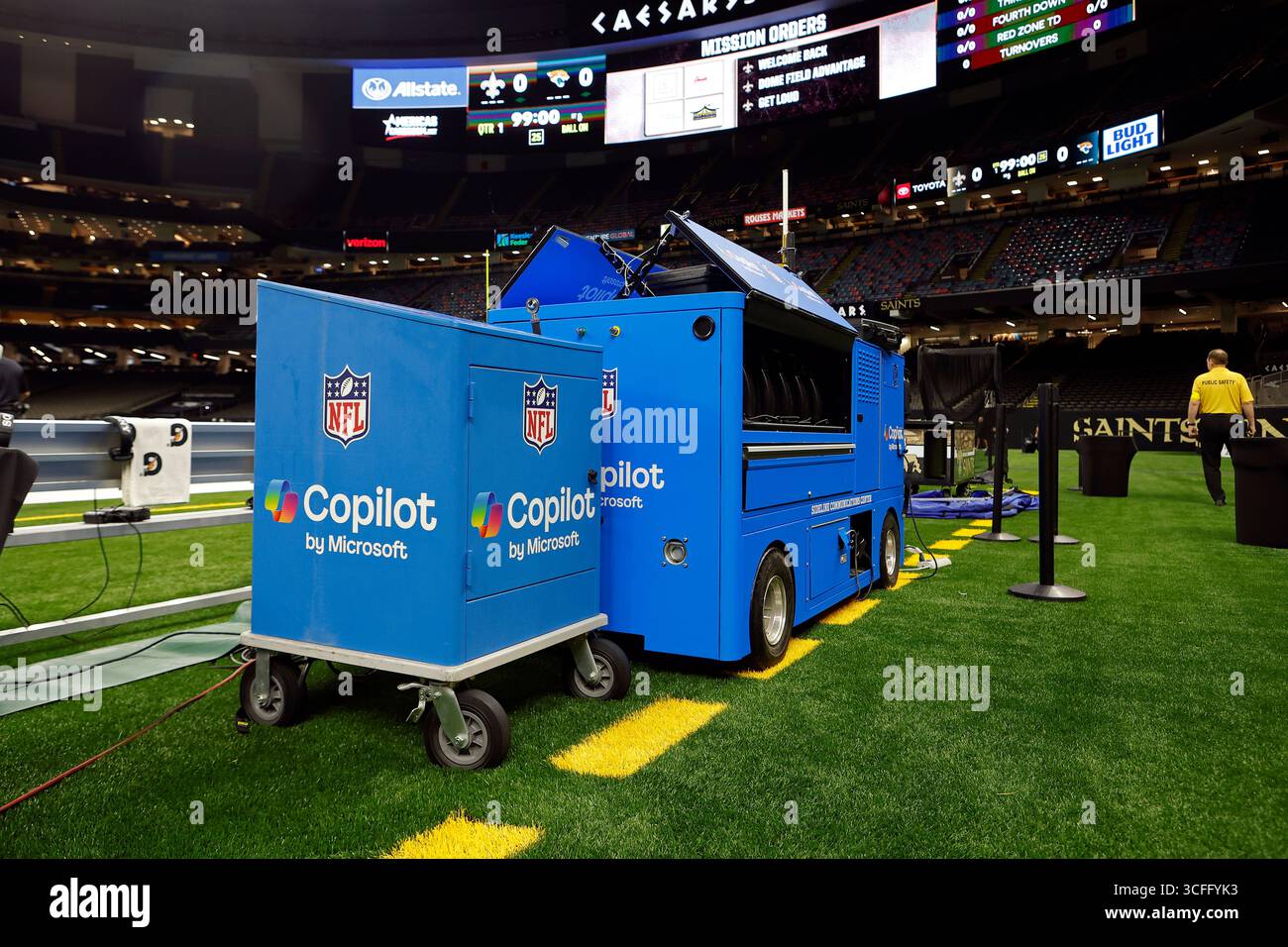 Microsoft Copilot team carts are seen on the bench before an NFL ...