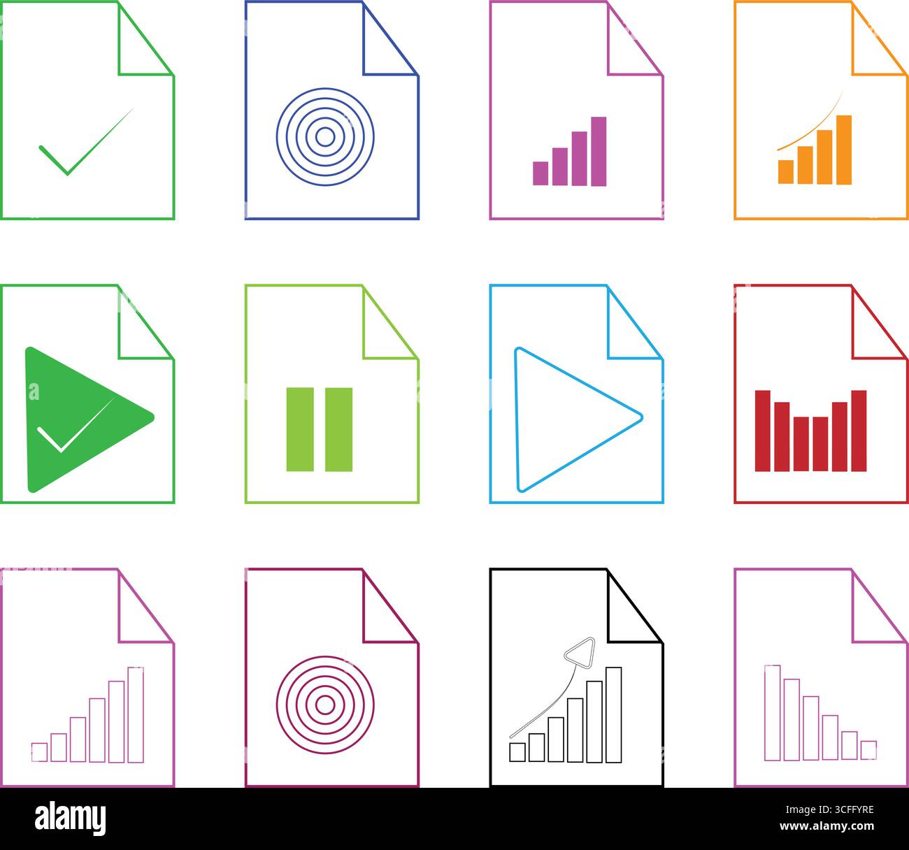 Colorful Document Icon Set with Charts Play and Check Symbols Stock ...